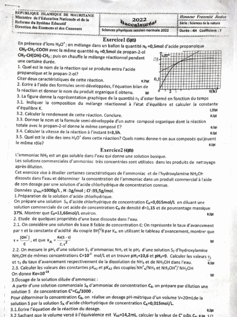 Correction Bac PC 2022 : Exercices et Solutions | PDF | Ester | Composé ...