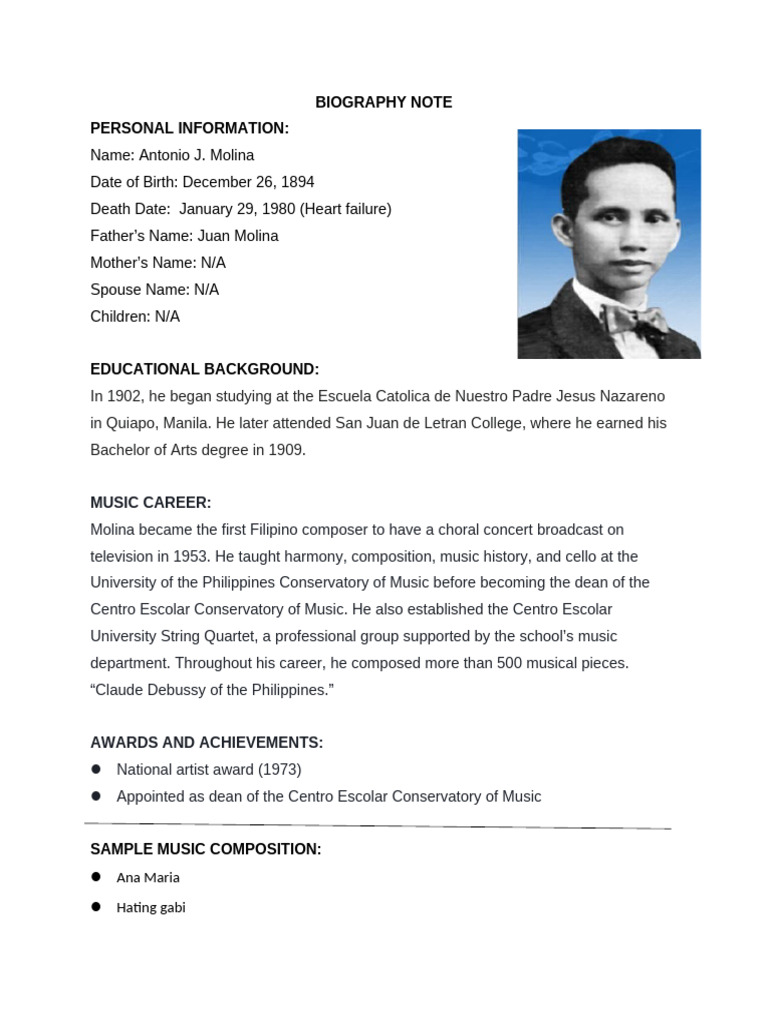 Antonio J. Molina: Filipino Composer Biography | PDF