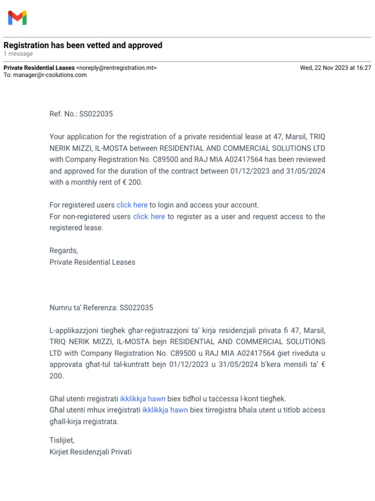 Private Lease Registration Approved | PDF | Online Services | Email