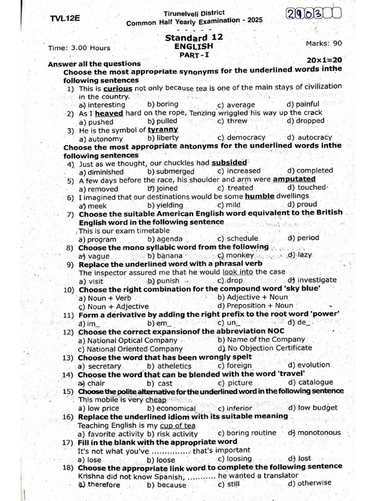 12th English - Half Yearly Exam 2025 - Original Question Paper ...