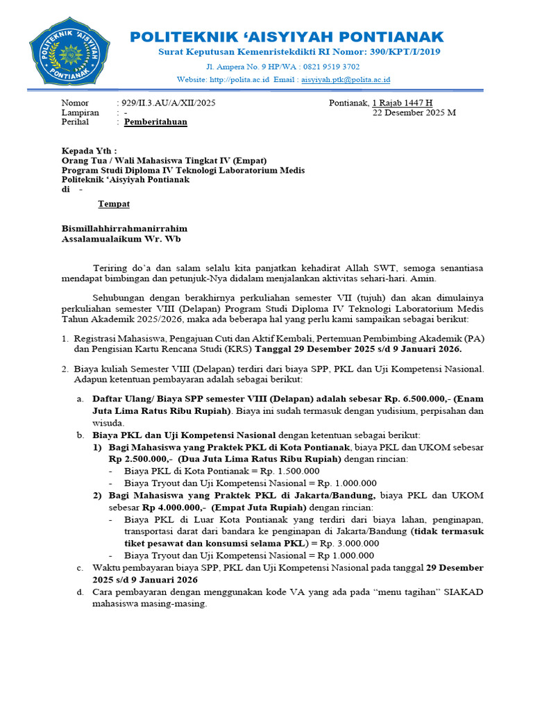Surat Pemberitahuan Daftar Ulang TK 4 TLM Semester Genap TA 2025-2026 | PDF