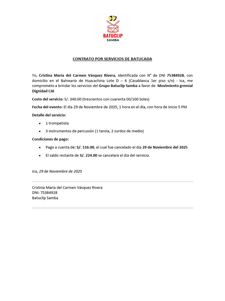 Contrato Por Servicios de Batucada 29.11 | PDF