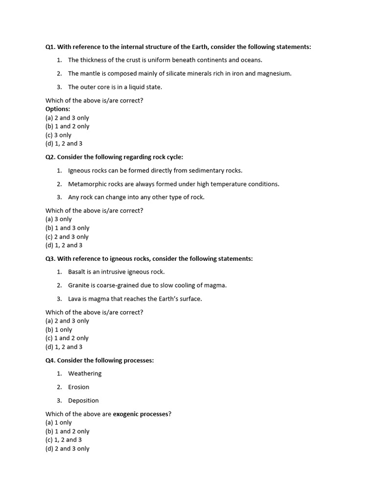 Earth Structure and Geomorphology Quiz | PDF | Rock (Geology) | Igneous ...