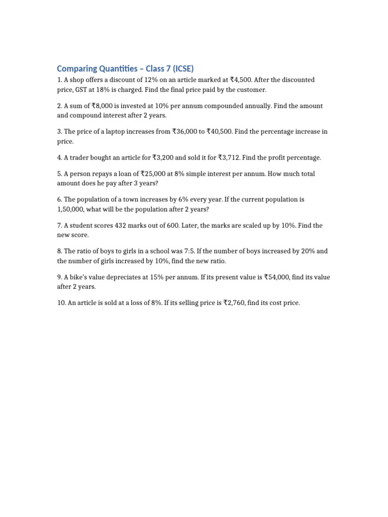 Comparing Quantities Class7 ICSE Hard | PDF