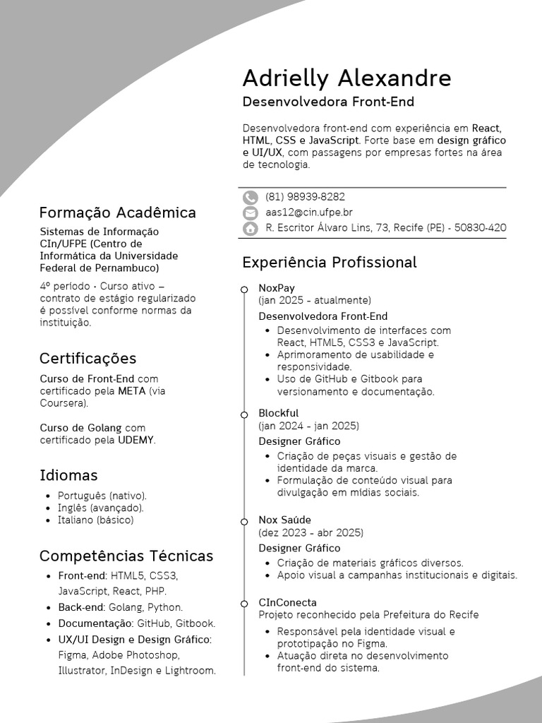Currículo Adrielly Alexandre | PDF | Html5 | Script Java