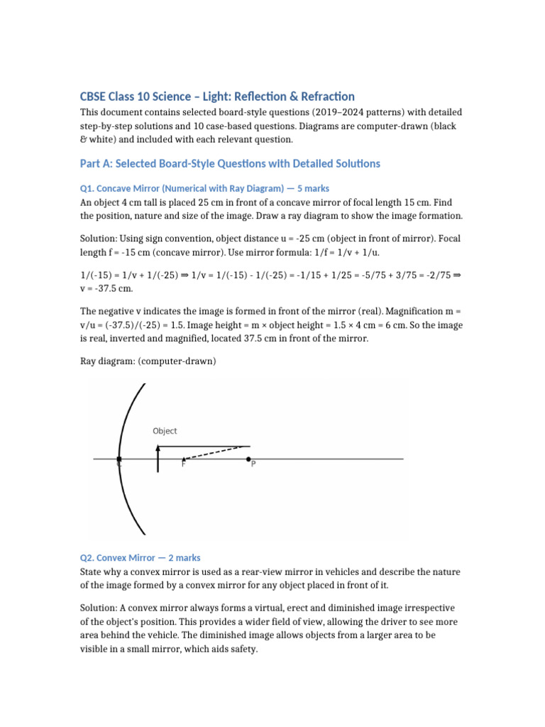CBSE Class 10 Science: Light Questions | PDF | Mirror | Glass ...