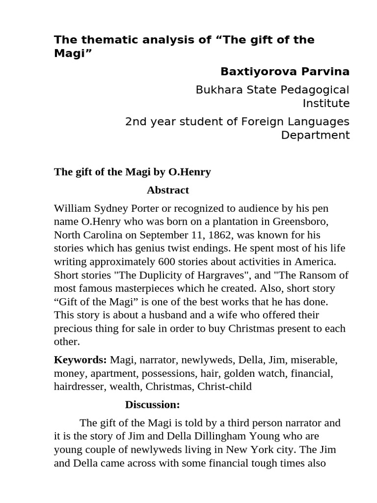 Thematic Analysis of "The Gift of the Magi" | PDF | O. Henry