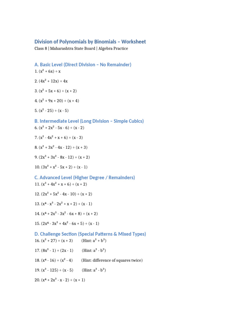 Polynomial Division Worksheet for Class 8 | PDF