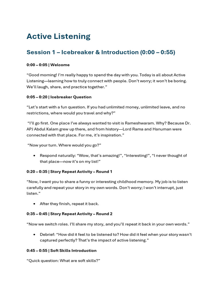 5 Hour 1 on 1 Active Listening Script (Minute by Minute) | PDF | Behavior Modification | Social ...