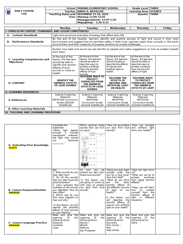 Grade 3 Science: Light & Sound Safety | PDF | Hearing | Noise