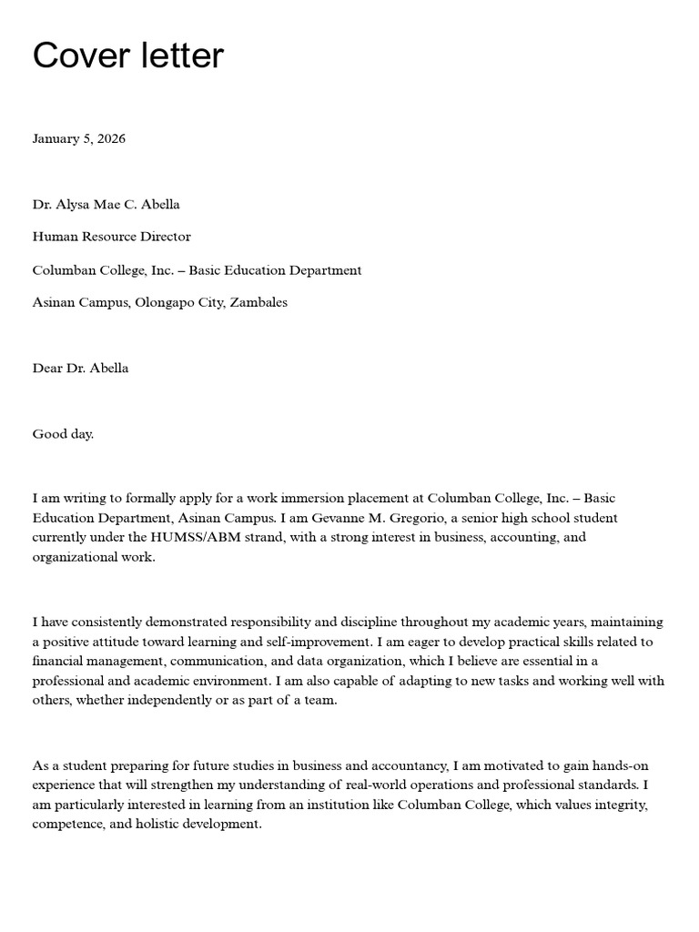Application for Work Immersion Placement | PDF