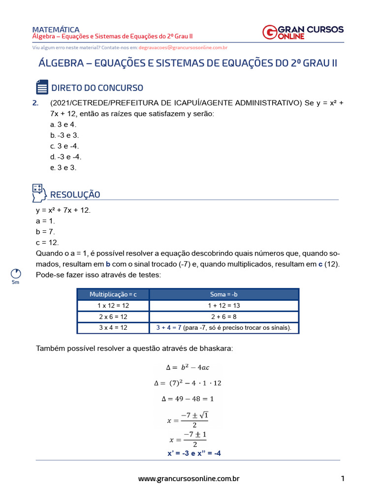 Álgebra – Equações e Sistemas de Equações Do 2º Grau II | PDF ...