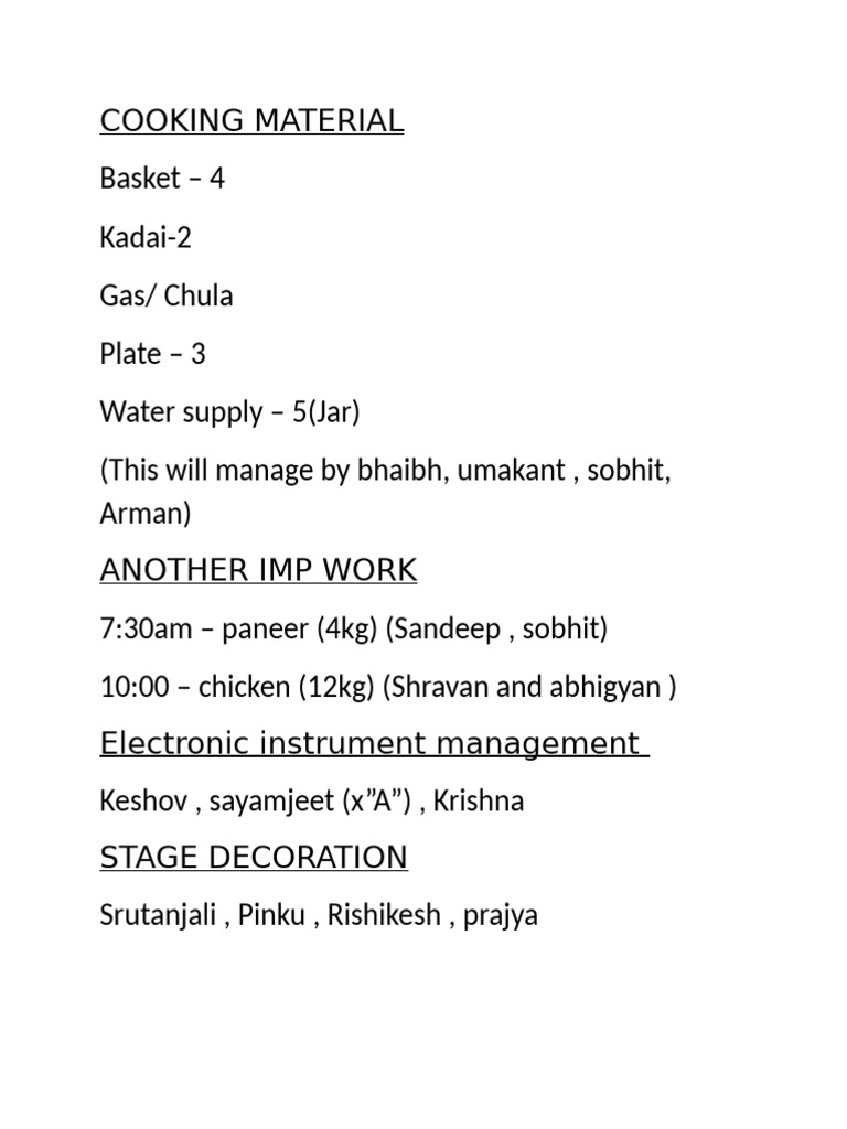 Cooking Material and Event Management | PDF