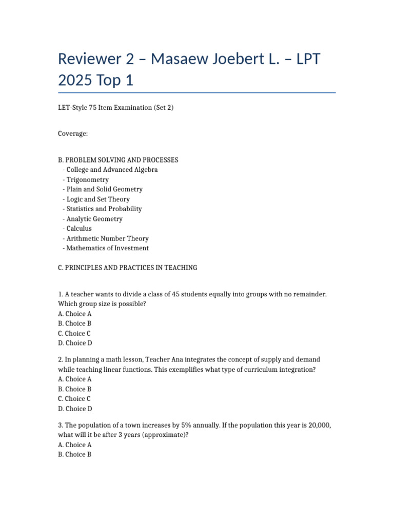 Reviewer 2 – Masaew Joebert L. – LPT 2025 Top 1 | PDF | Mathematics