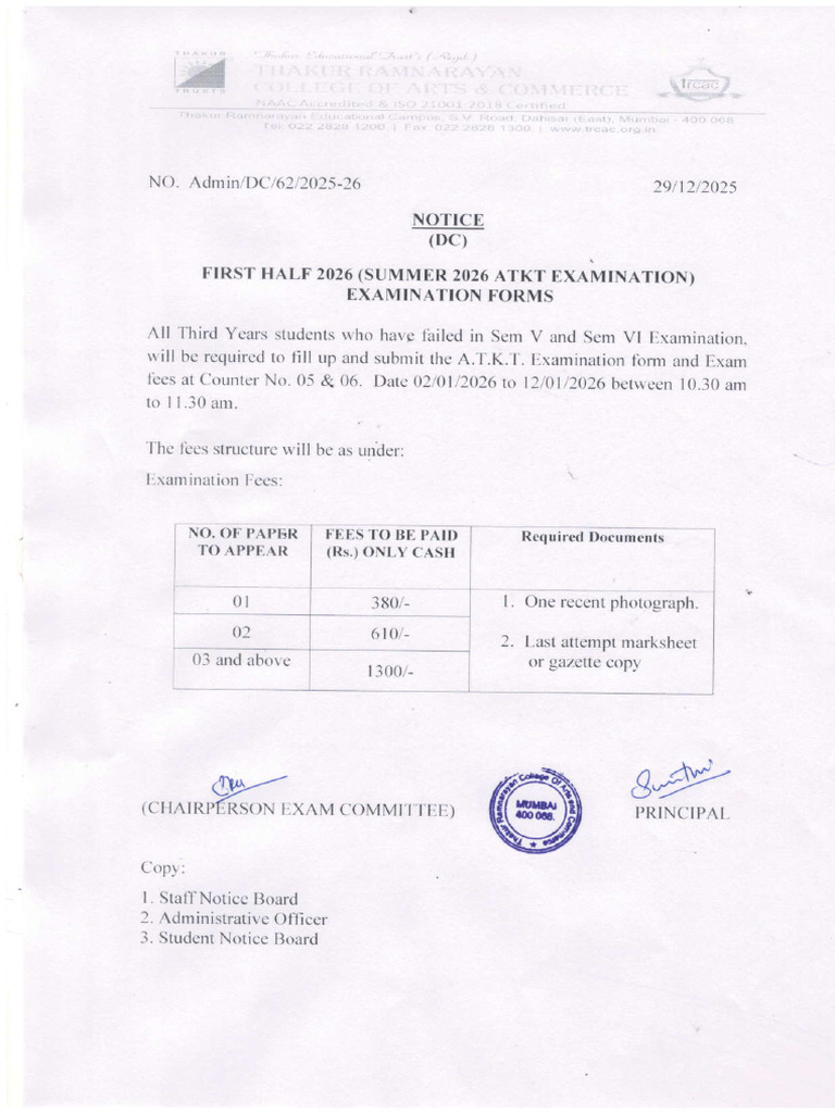 Atkt Exam Notice - Sem v & Vi | PDF