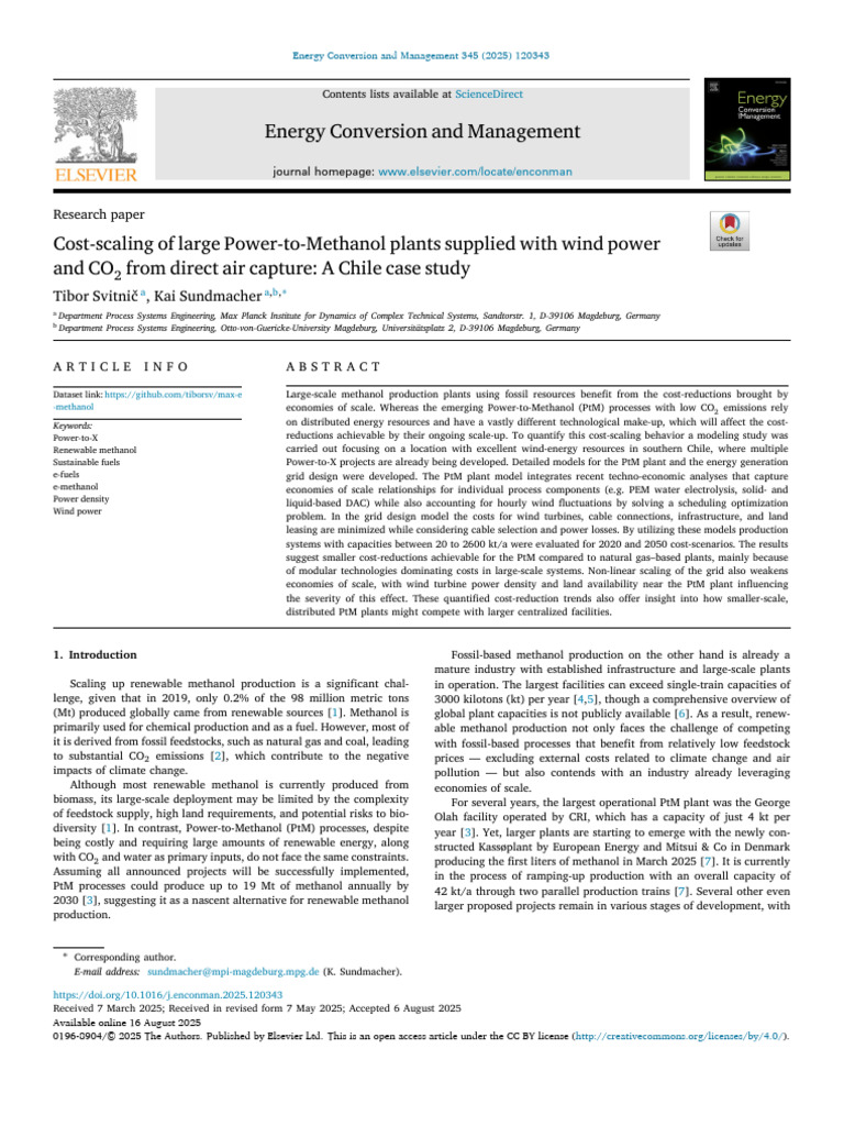 Cost Scaling of Large Power to Methanol Plants Supplied 2025 Energy ...