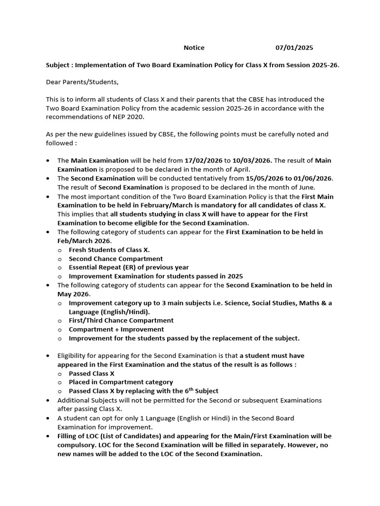 CBSE Class X Two Board Exam Policy 2025 | PDF | Educational Assessment ...