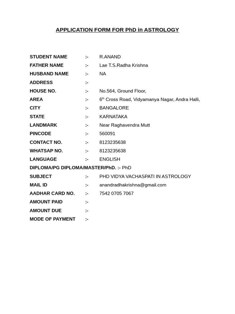 Phd (Astrology) Application Form | PDF