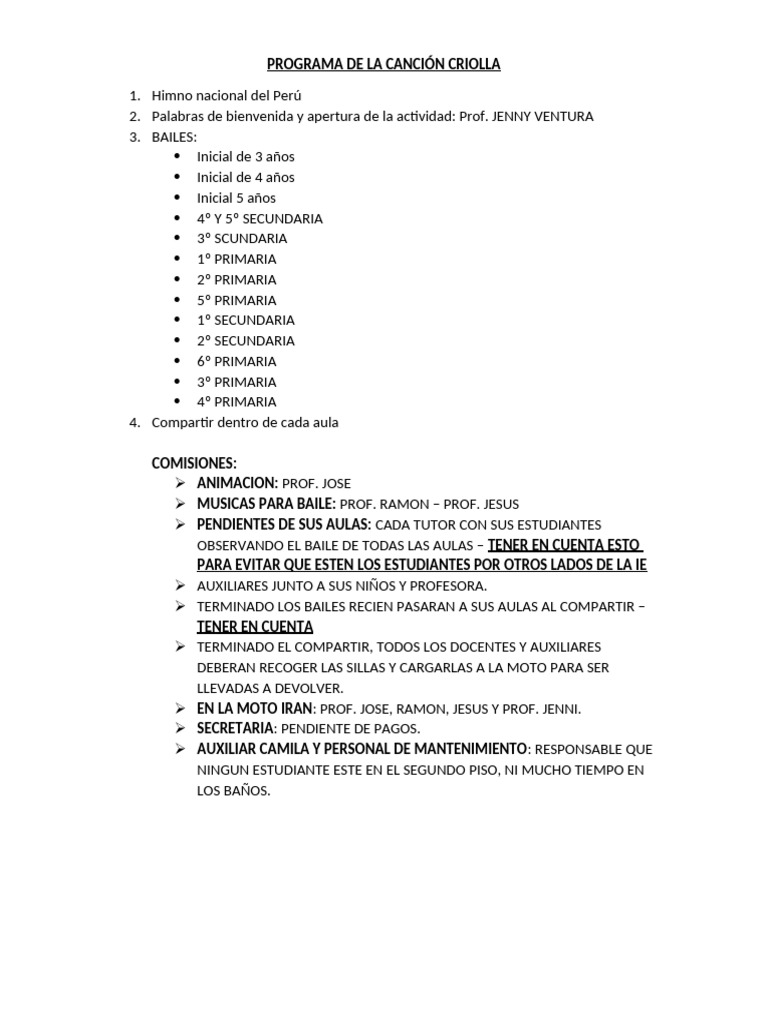 Programa de Actividades de Canción Criolla | PDF