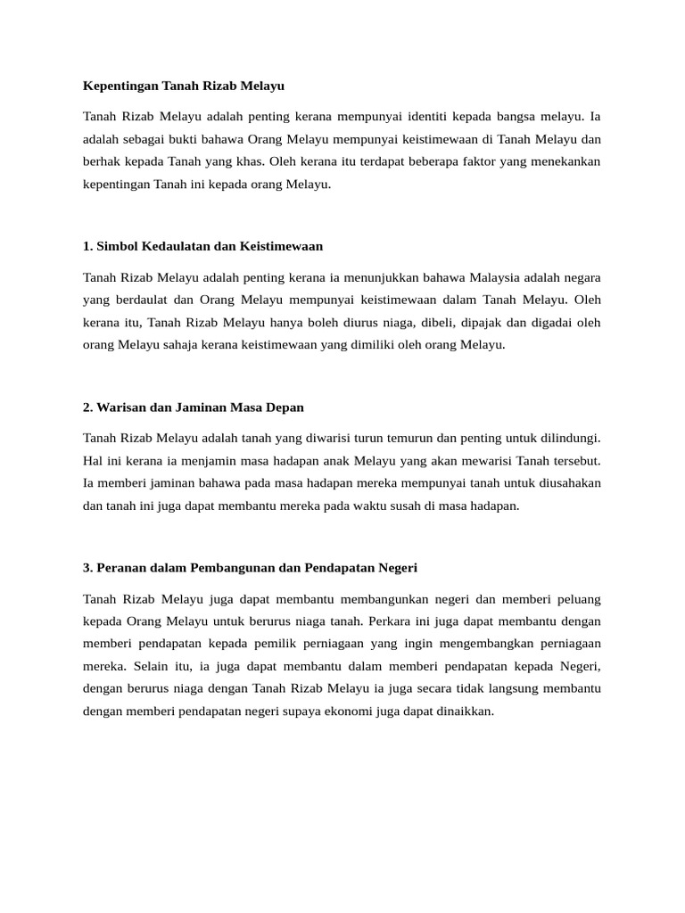 Kepentingan Tanah Rizab Melayu | PDF