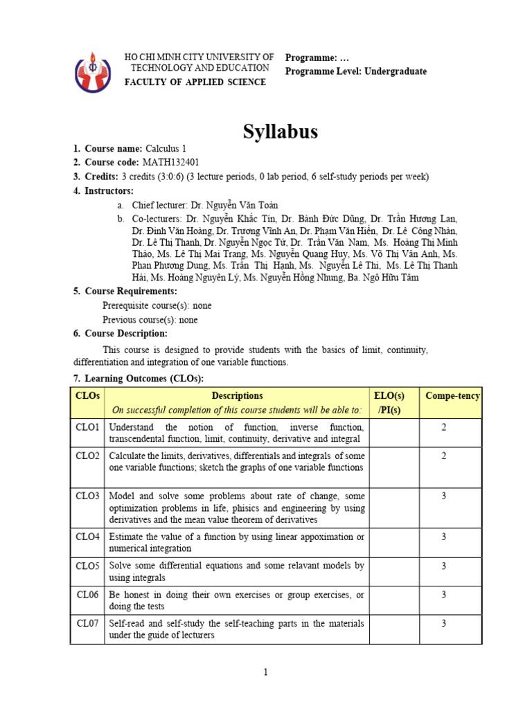 Syllabus Calculus I 2023 | PDF | Integral | Derivative