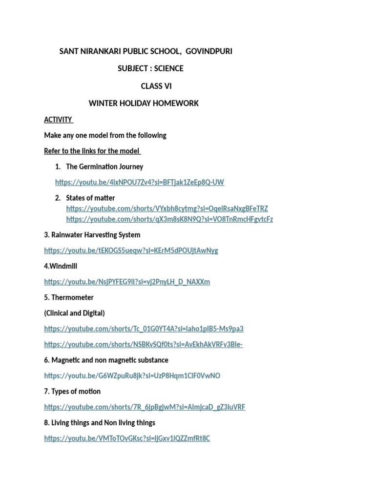 Science Holiday Homework | PDF