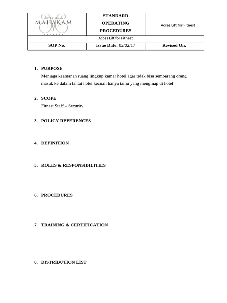 Access Lift SOP for Fitnest Hotel | PDF