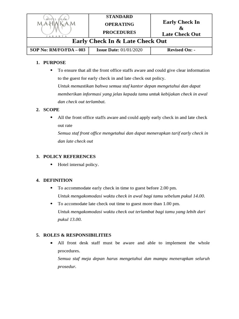 Early Check-In & Late Check-Out SOP | PDF | Chess Theory | Chess