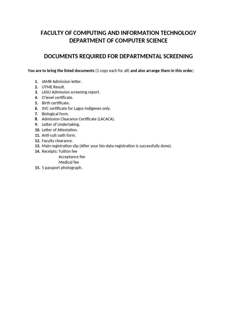 Required Documents for LASU Screening | PDF