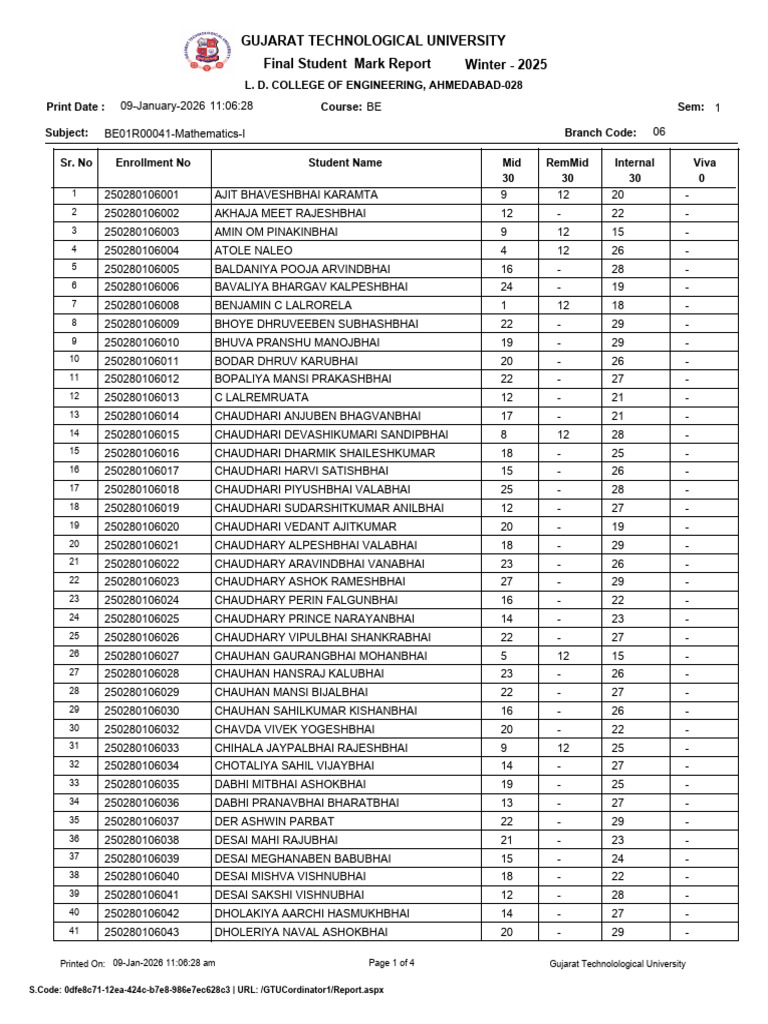 GTU Winter 2025 Student Marks Report | PDF