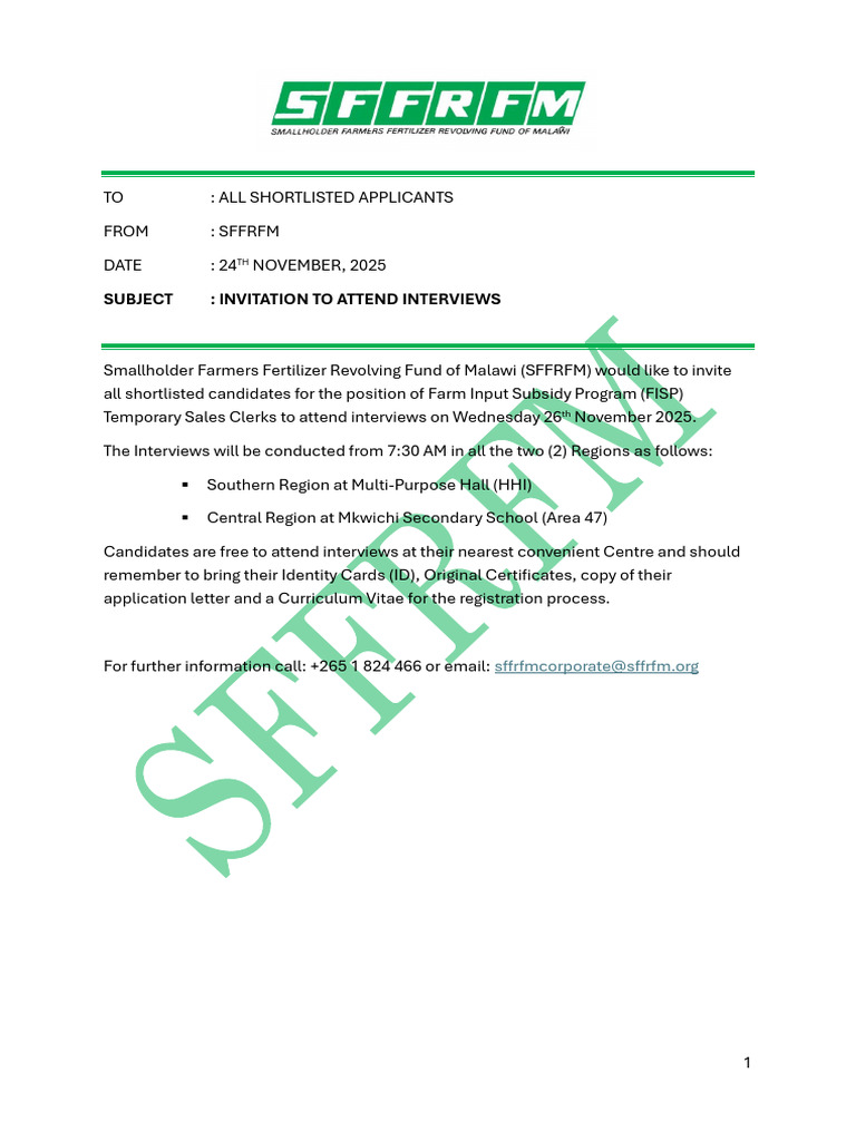 SFFRFM Interview Invitation for FISP Clerks | PDF