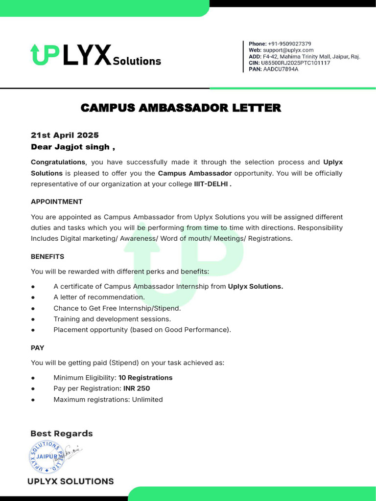 Uplyx Solutions Campus Ambassador Offer | PDF