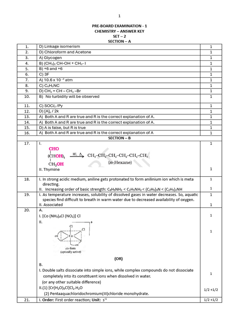 Pre-Board 1 Set 2 Answer Key | PDF | Electrolyte | Chemistry