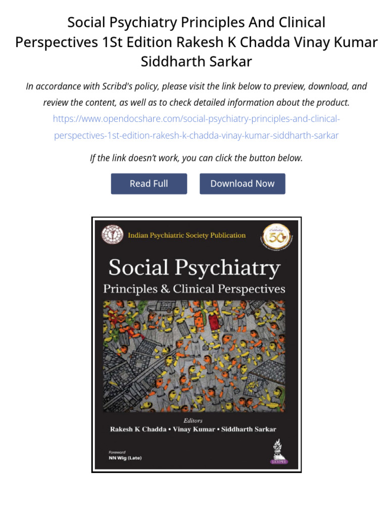 Social Psychiatry Principles and Clinical Perspectives 1st Edition Rakesh K Chadda Vinay Kumar ...