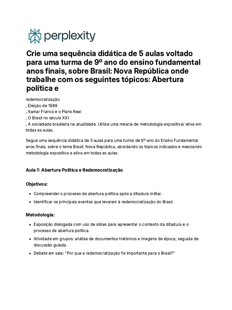 Sequência Didática - Brasil: Nova República | PDF | Economia | Brasil