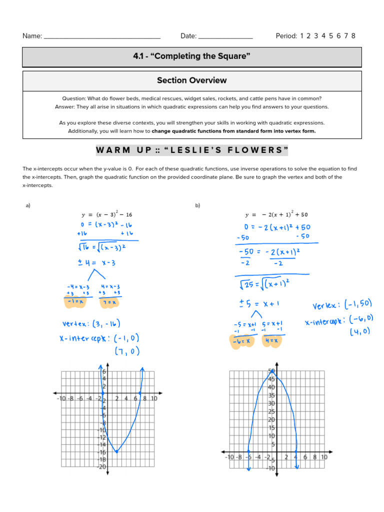 4.1 - “Completing the Square” (Answer Key) | PDF | Quadratic Equation ...