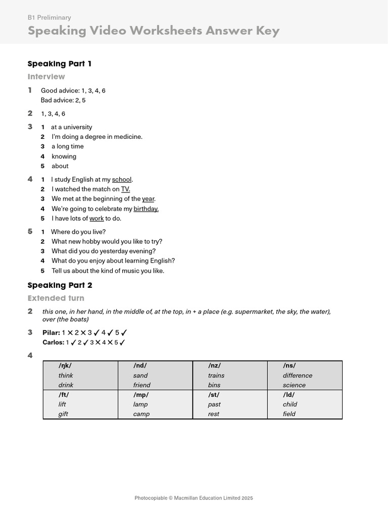 B1 Preliminary Speaking Answer Key | PDF