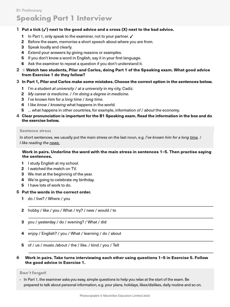RF B1 Speaking Video Worksheet Part 1 | PDF | Stress (Linguistics) | Word
