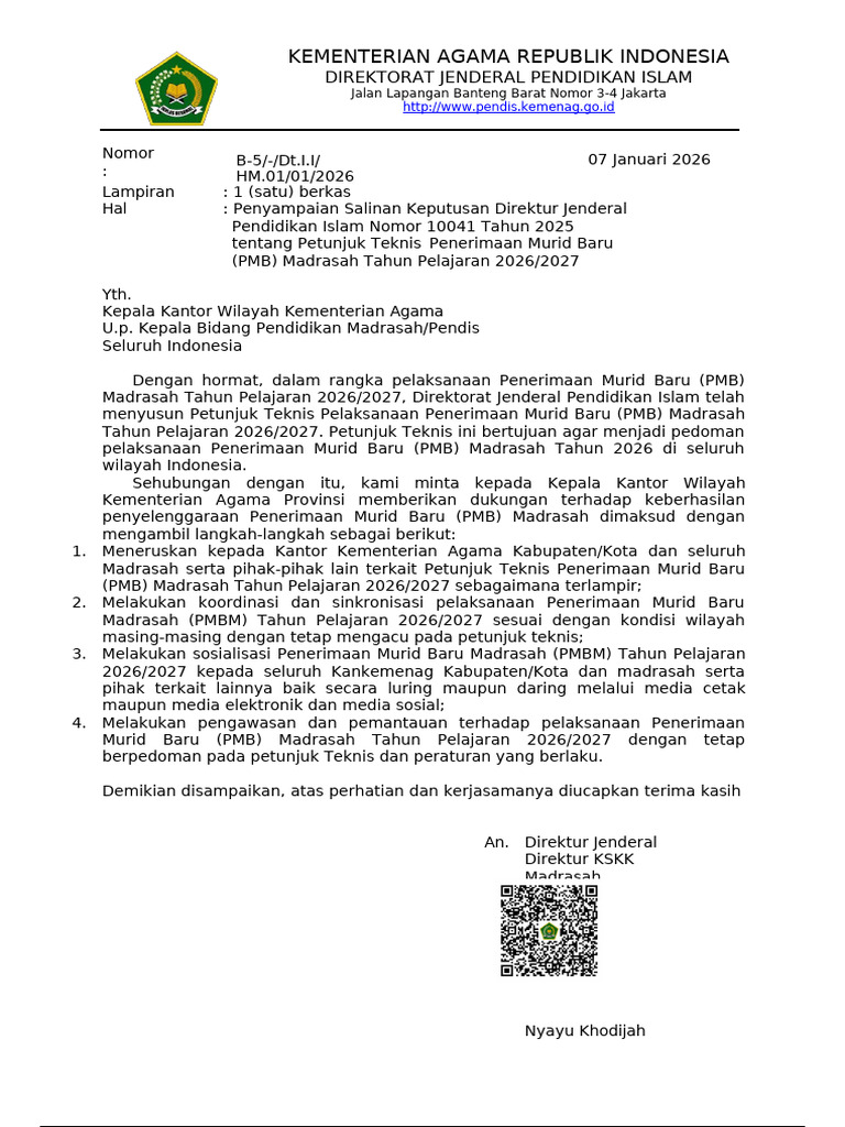 Petunjuk Teknis PMB Madrasah 2026/2027 | PDF