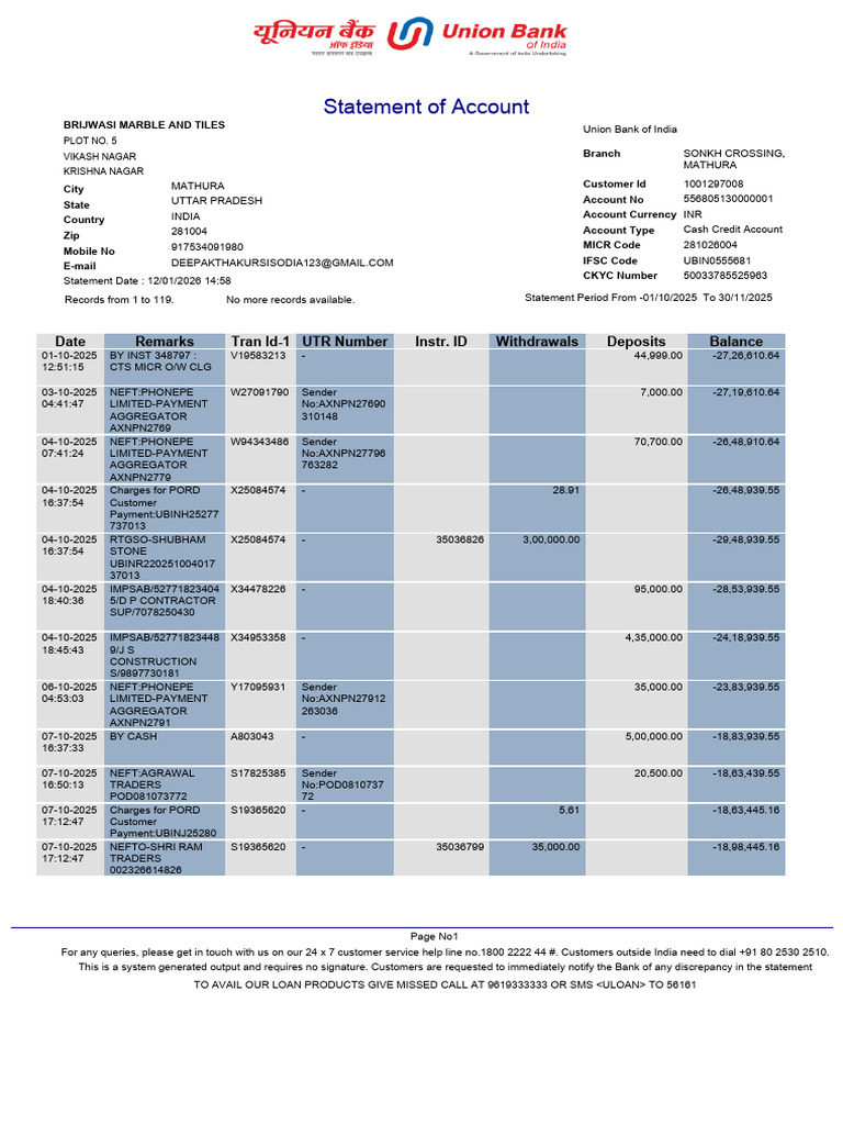 BRIJWASI Marble Account Statement 2026 | PDF | Money | Service Industries
