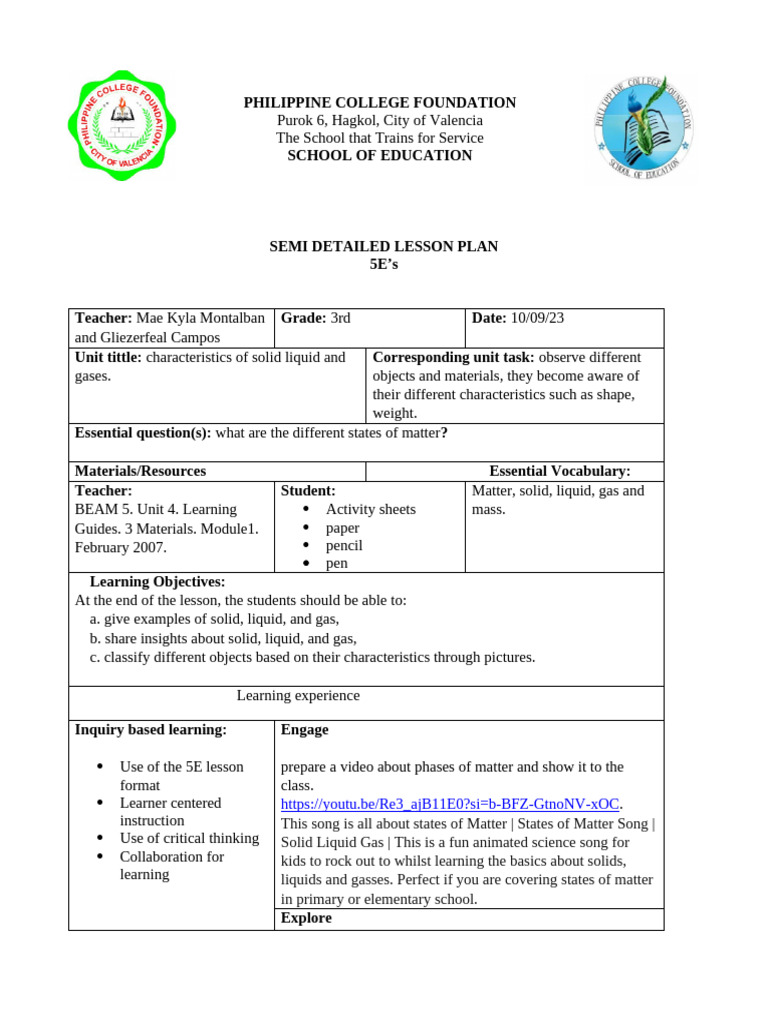 Lesson Plan 5es | PDF | Gases | Lesson Plan