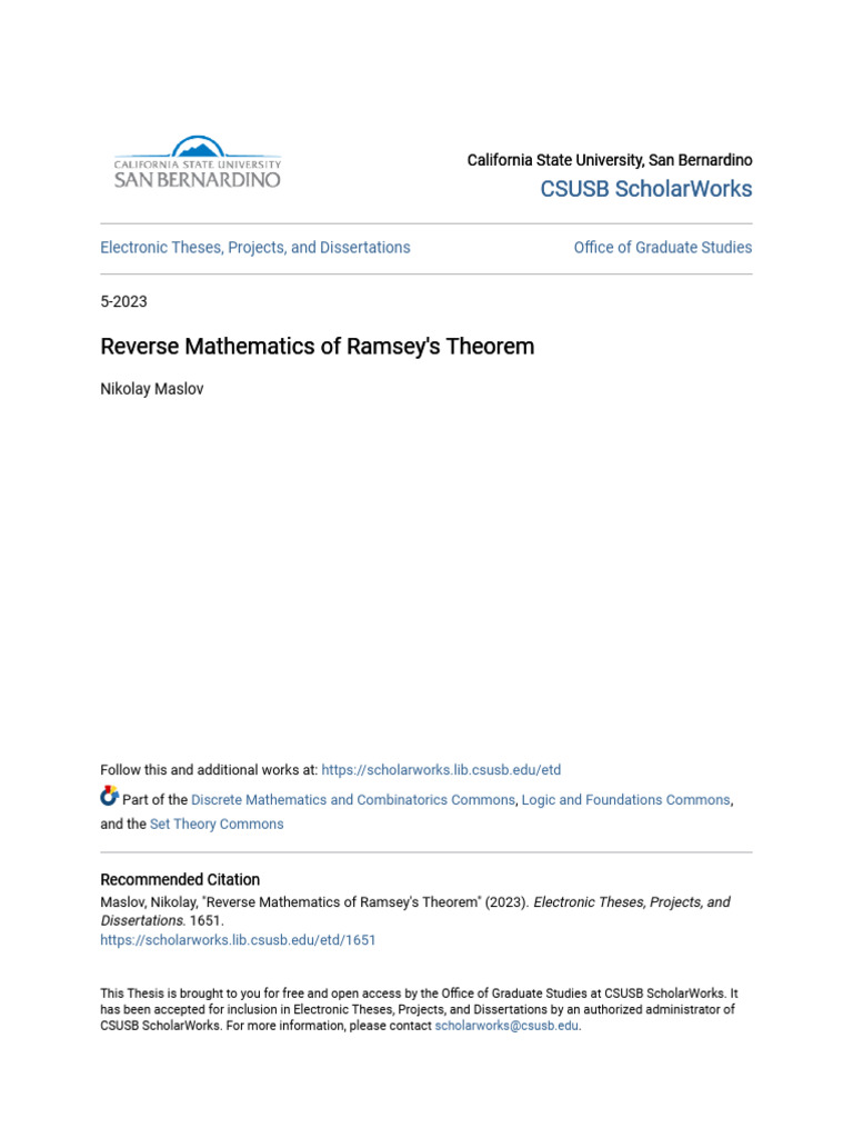 Reverse Mathematics of Ramsey's Theorem | PDF | Mathematics ...