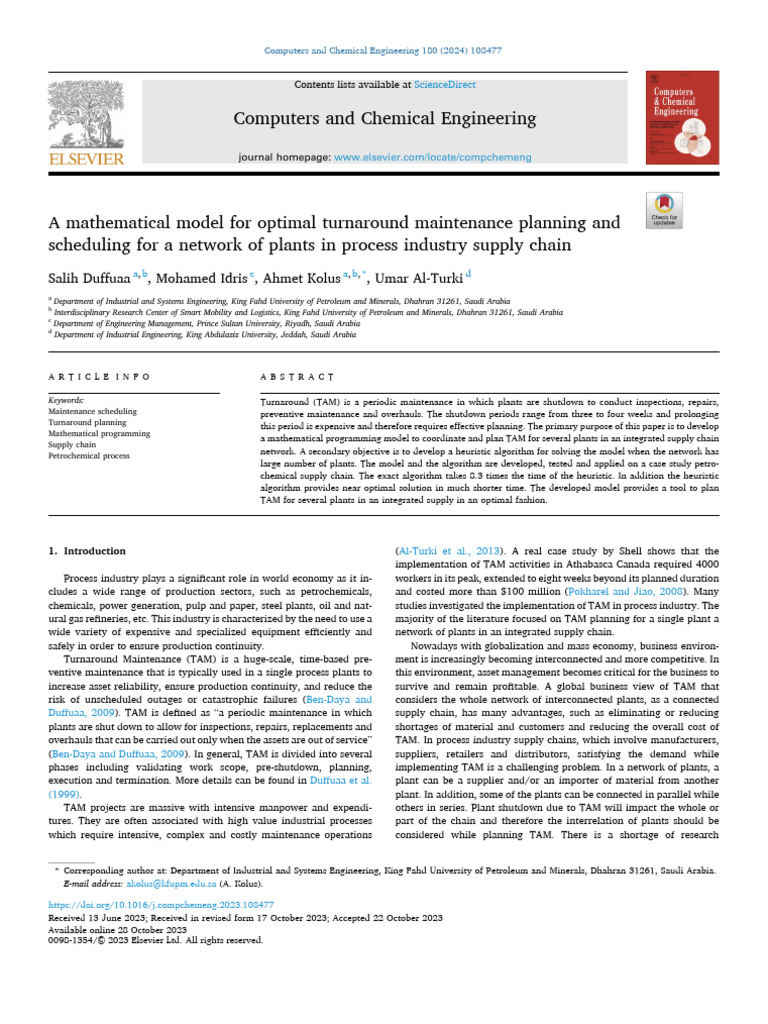 Optimal Turnaround Maintenance Model | PDF | Supply Chain | Linear ...