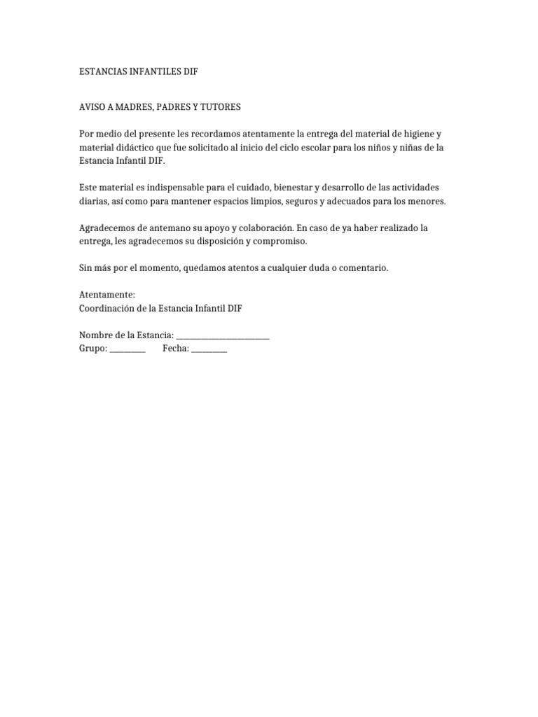 Recado Material Estancia DIF | PDF