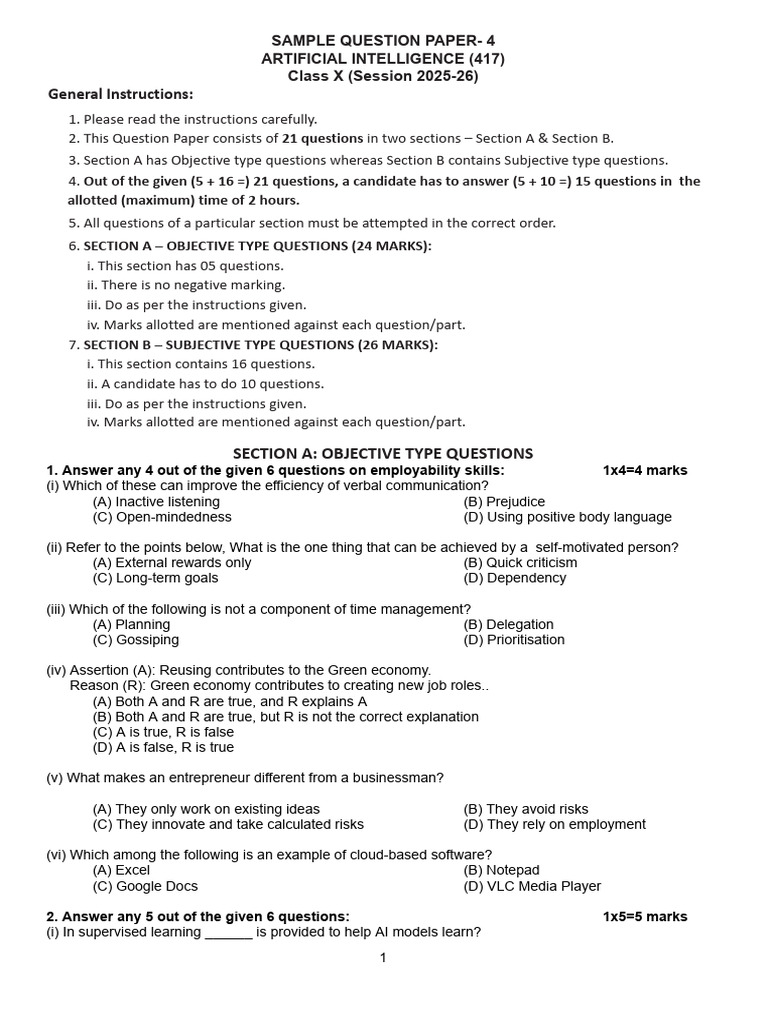 AI, Sample Question Paper 4 PDF | PDF | Deep Learning | Artificial ...
