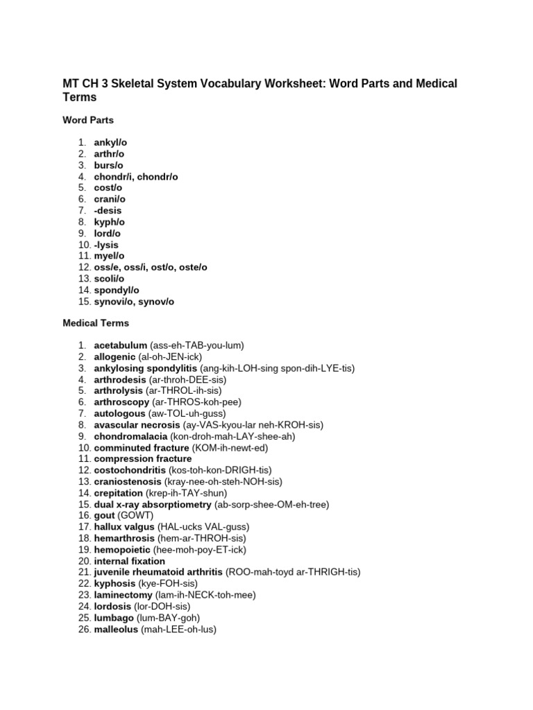 MT CH 3 Skeletal System Vocabulary Worksheet_ Word Parts and Medical ...