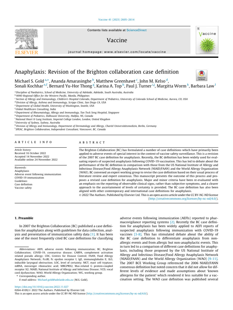 Anaphylaxis- Revision of the Brighton collaboration case definition ...