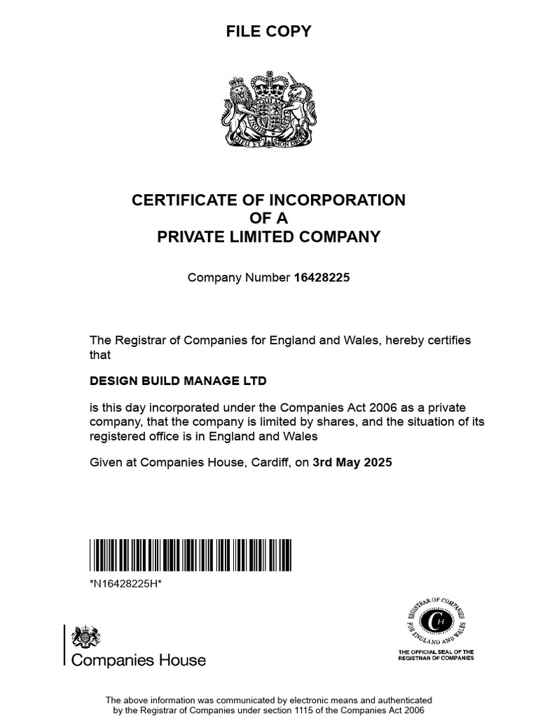 Certificate of Incorporation for Design Build Manage Ltd | PDF ...
