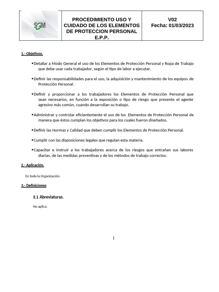 Procedimiento Uso y Manejo Epp | PDF | Seguridad y salud ocupacional