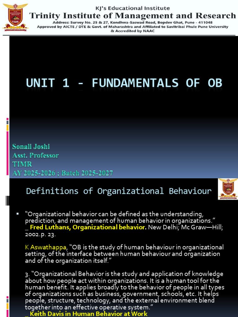 Unit 1 - Fundamentals of OB | PDF | Behavior | Organizational Behavior